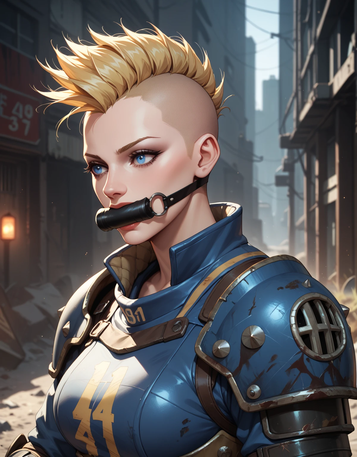 Fallout 4, blue eyes , blonde , mohawk hairstyle , in armor - SeaArt AI