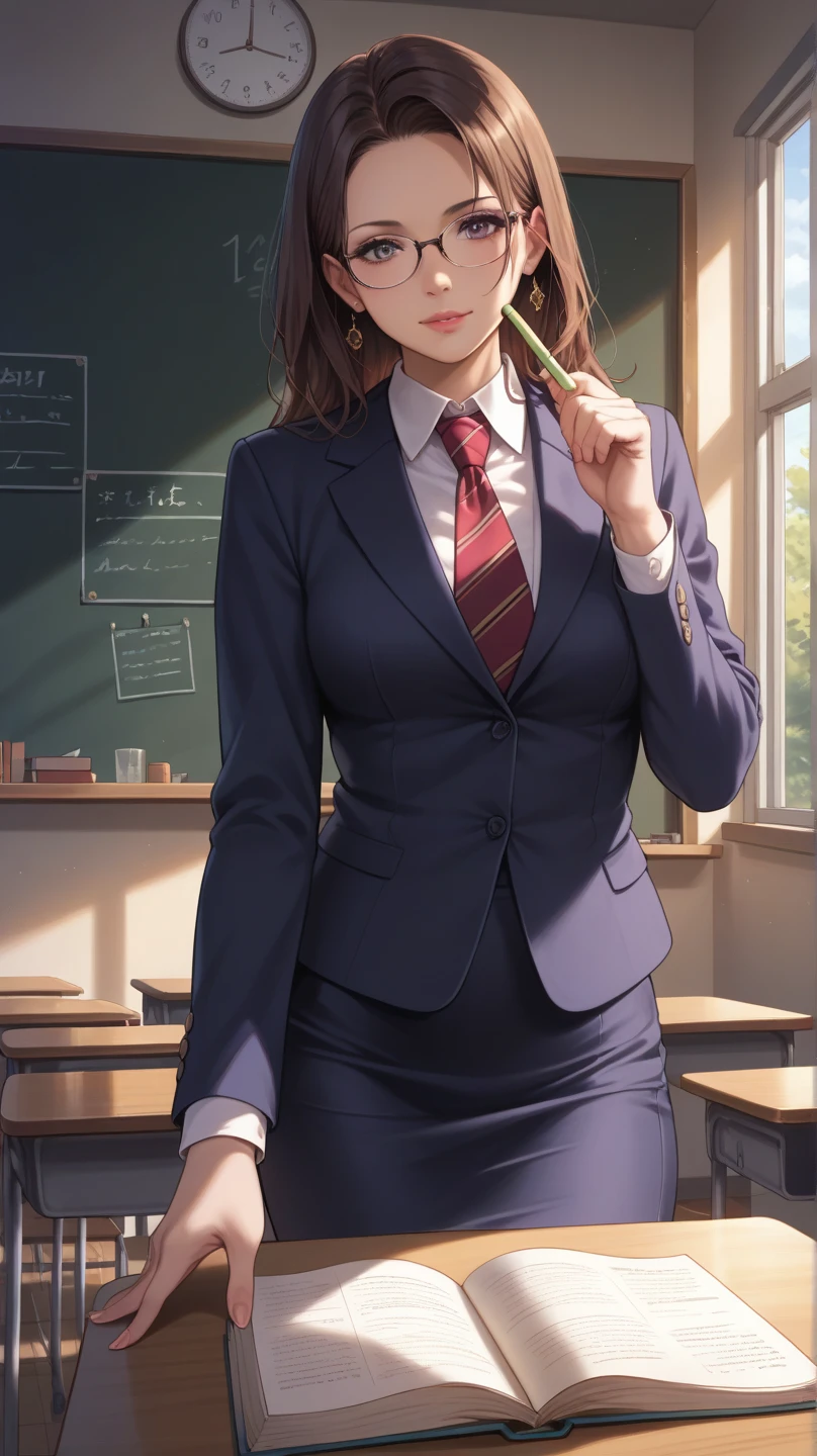 A strict yet elegant female teacher with glasses, teaching at a ...