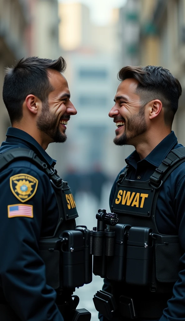 Swat team young 2 white men making fun laughing written swat on uniform ...