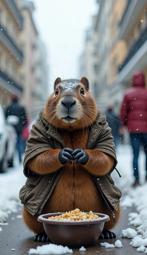 A capybara in ragged clothes is begging on the street， and the snow ...
