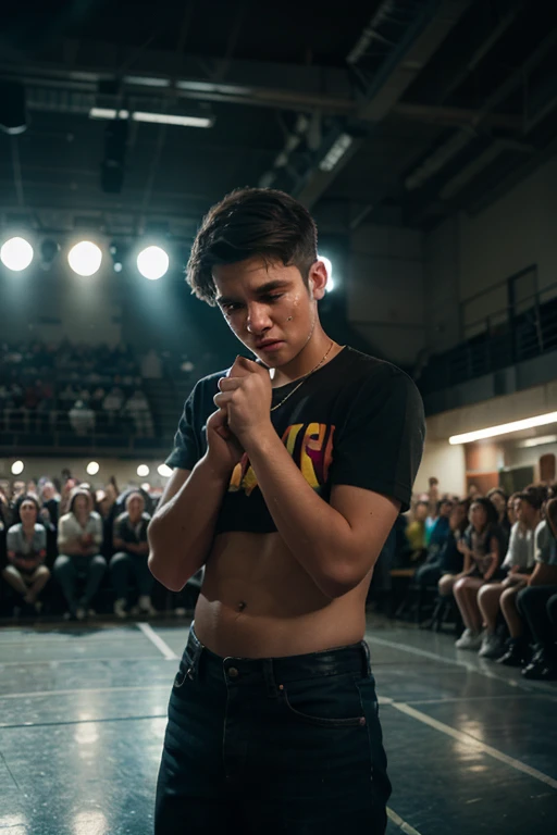 “A age boy standing alone under a bright spotlight on a school stage ...