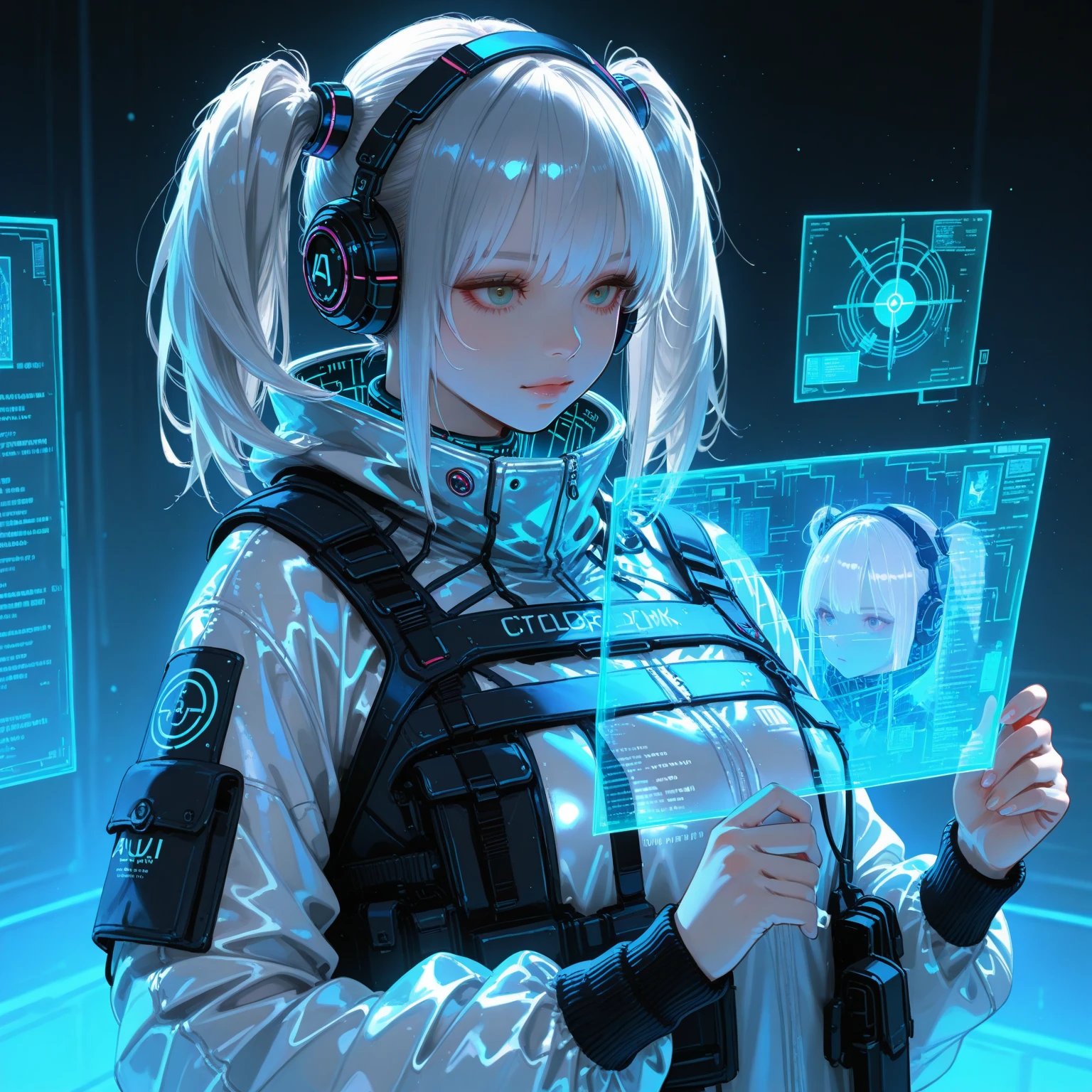 Future clothing design, tactical wear , Silver Hair, twin tails - SeaArt AI