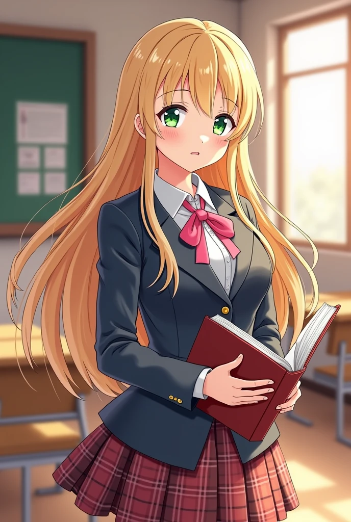 Beautiful anime girl walking in the mall, long blonde, green eyes ...