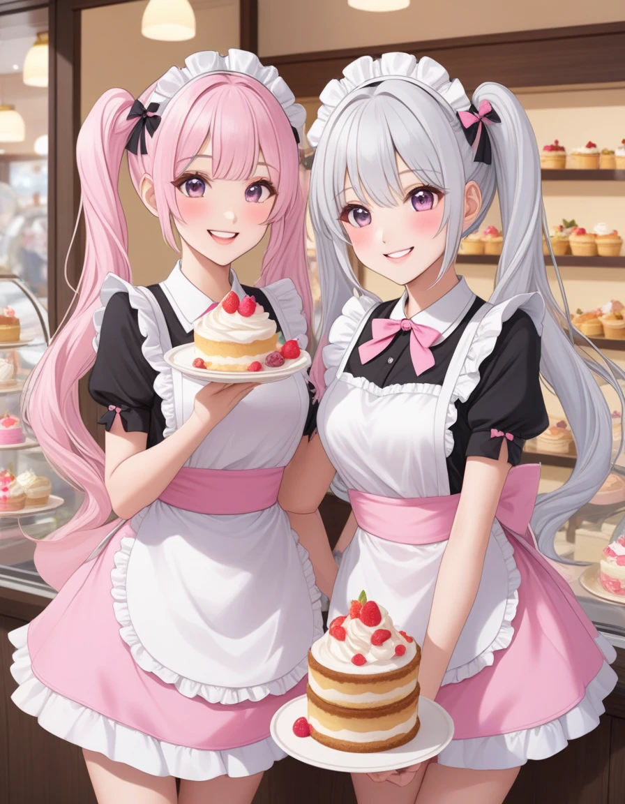 Bright Maid Cafe 、long silver hair、2 beautiful girls with twin tails ...