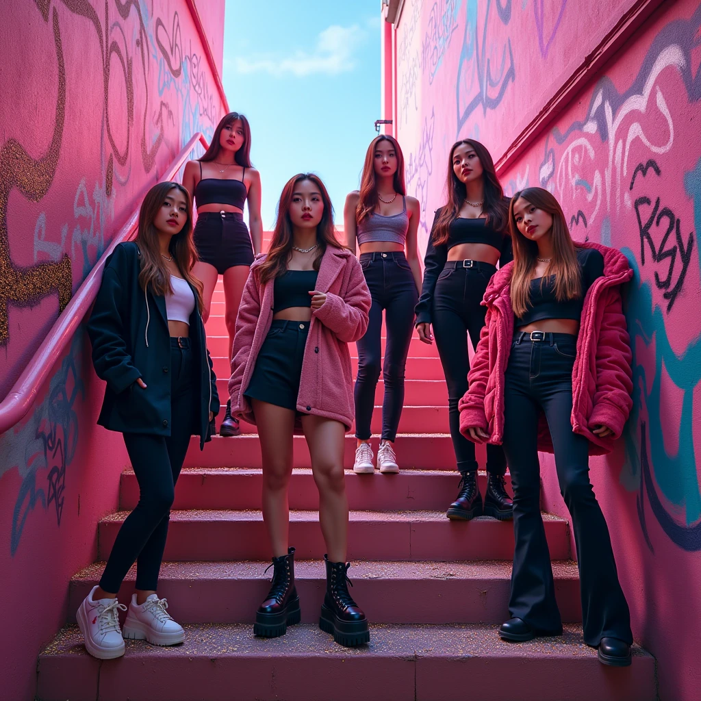 Kpop album cover in a stairs with some pink and black graffiti - SeaArt AI