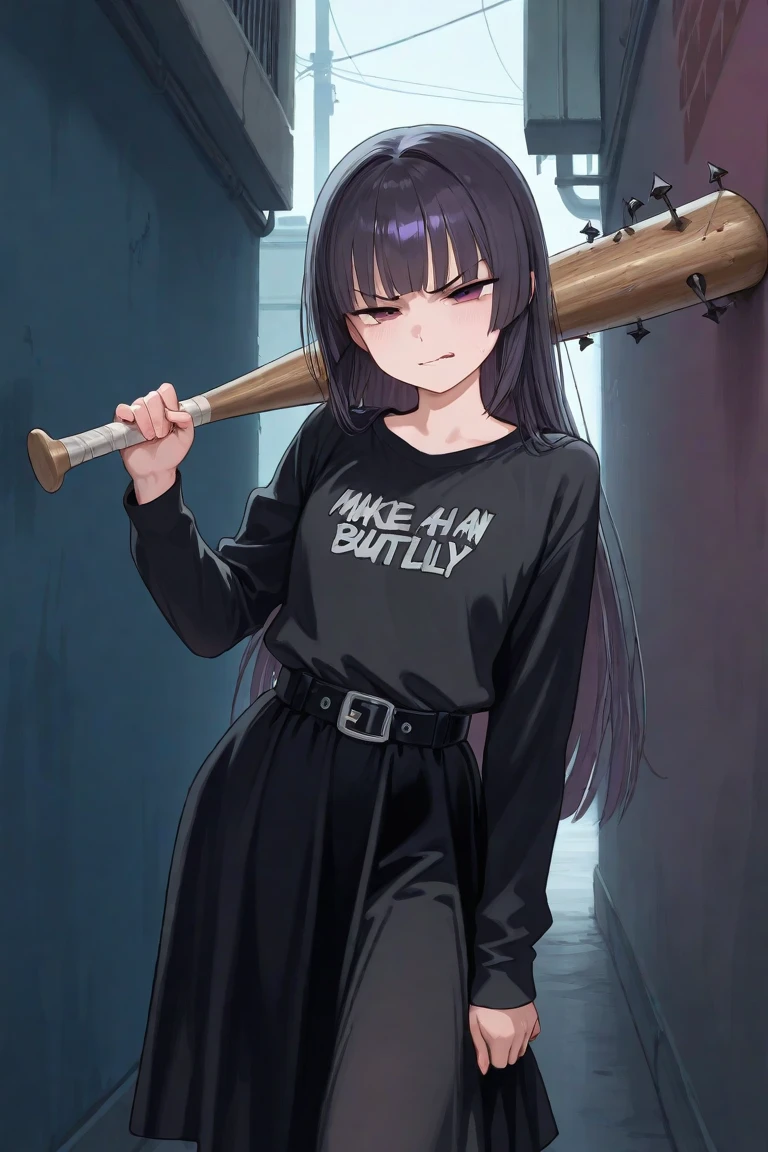 Make a gothic bully, with an athletic and tall body. wearing black ...