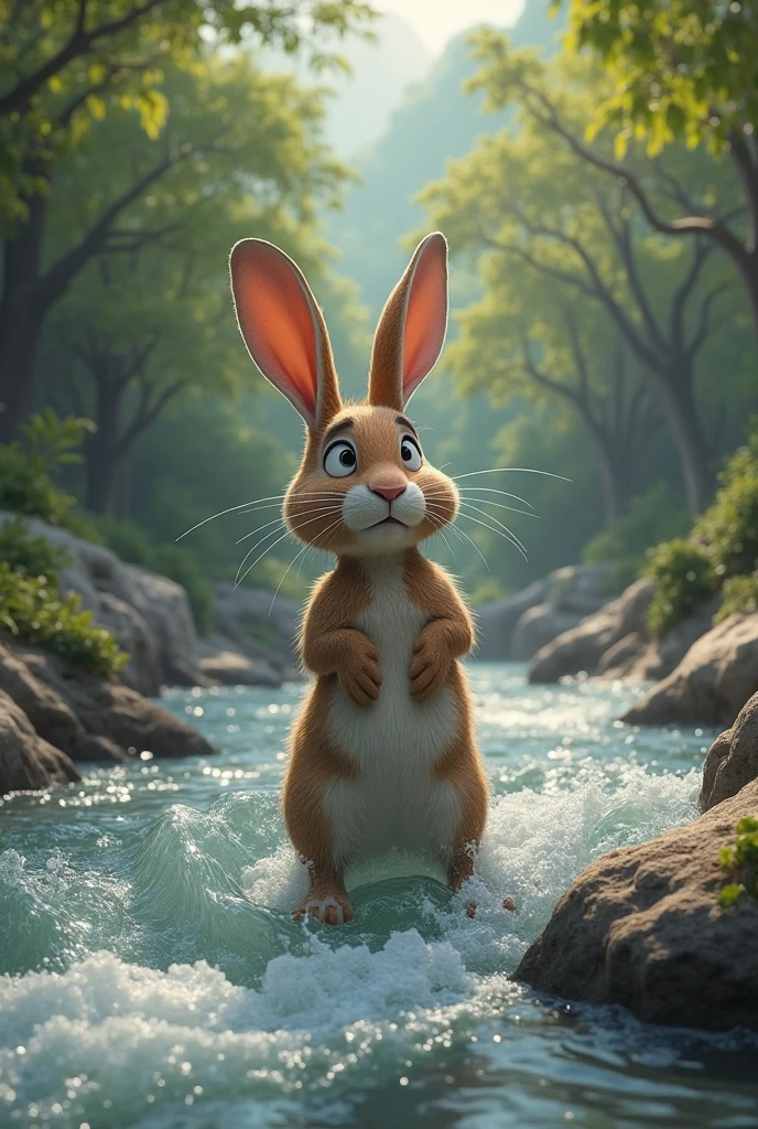 "The rabbit standing at the edge of a flowing river, looking worried ...