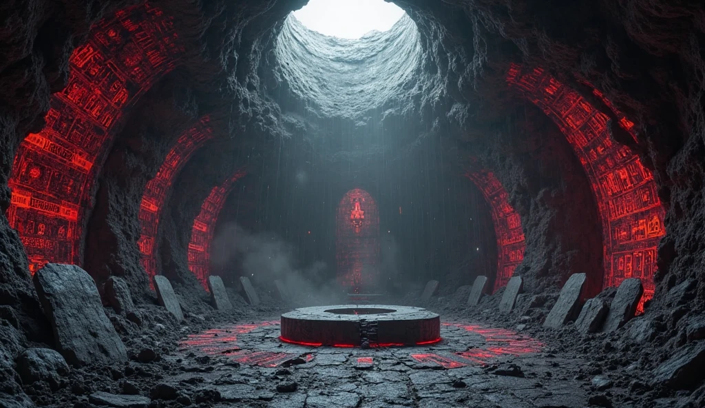 An enormous hollow chamber deep beneath a broken mountain, carved ...