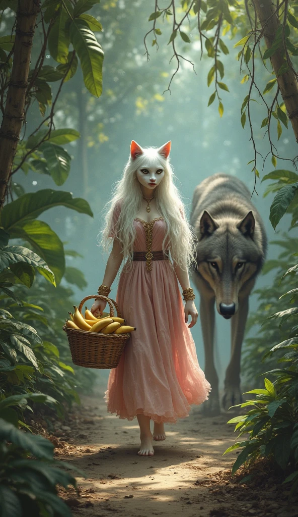 "A fantasy scene in a mystical jungle, featuring an anthropomorphic ...