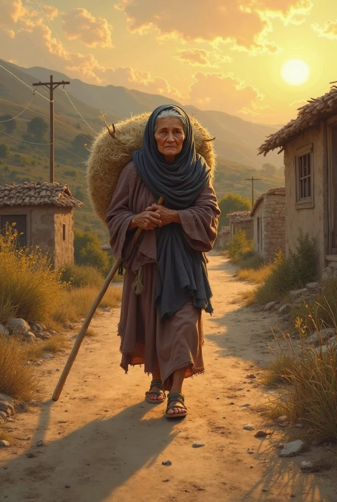 A tired but strong old village woman walking slowly on a dusty road ...