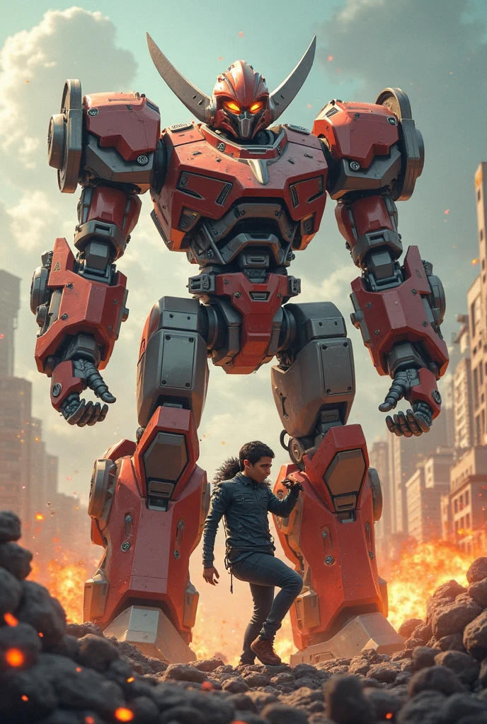 Create an image of a giant robot named 'Hazem' with a fierce and ...