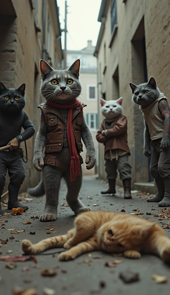 In a grim flashback, the same humanoid cat with gray fur and yellow ...