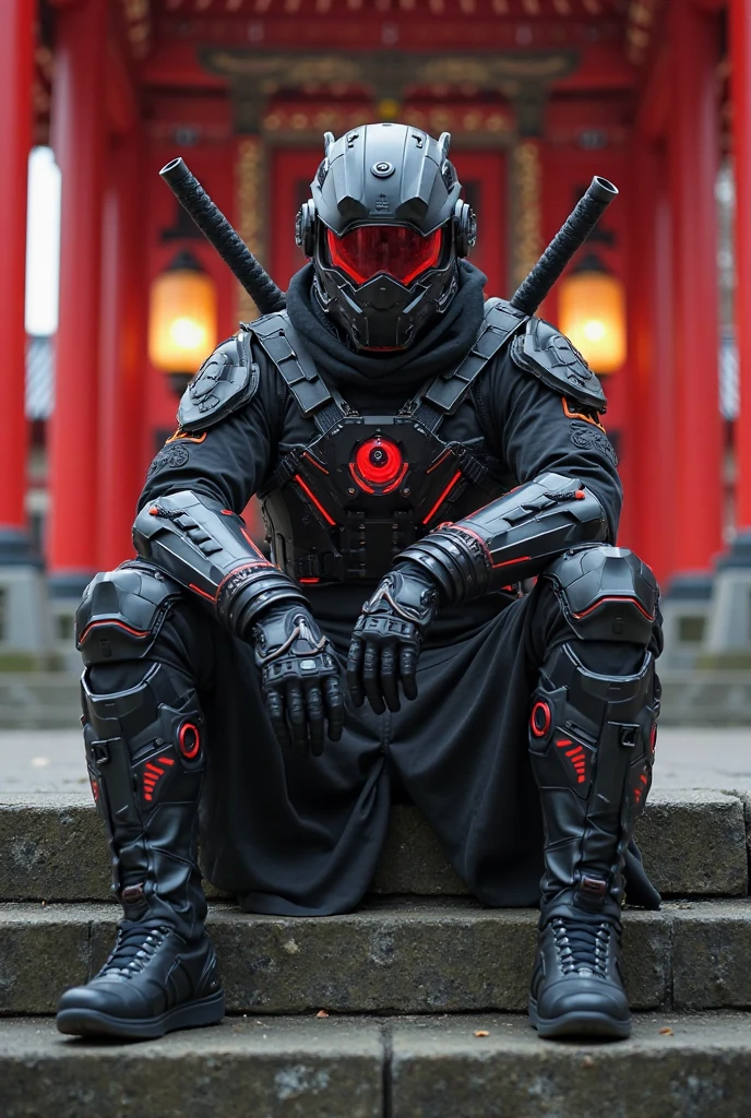 "A futuristic cyber ninja sitting on temple stairs, wearing sleek black ...