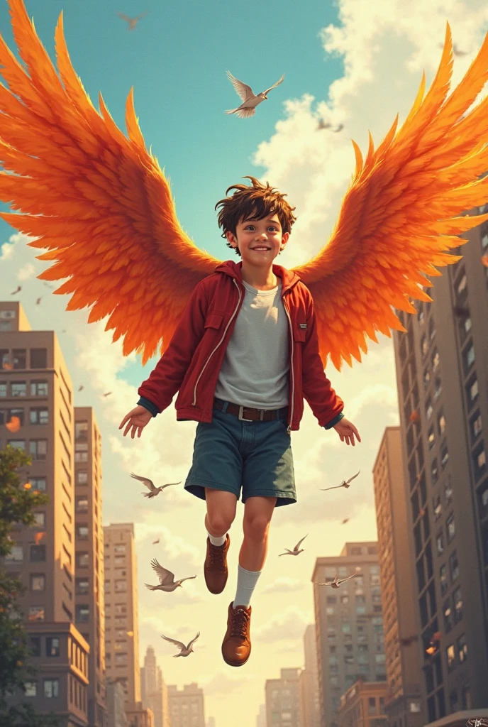 /imagine prompt: a boy with phoenix wings flying above a city of giant ...