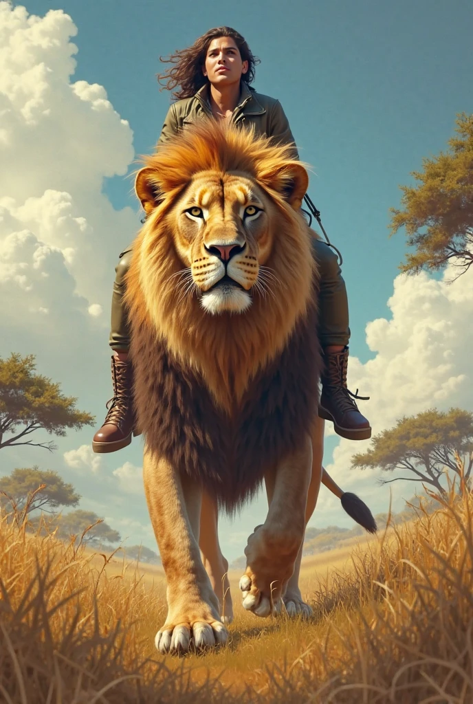 Let the person in picture 1 ride in the lion in picture 2 - SeaArt AI