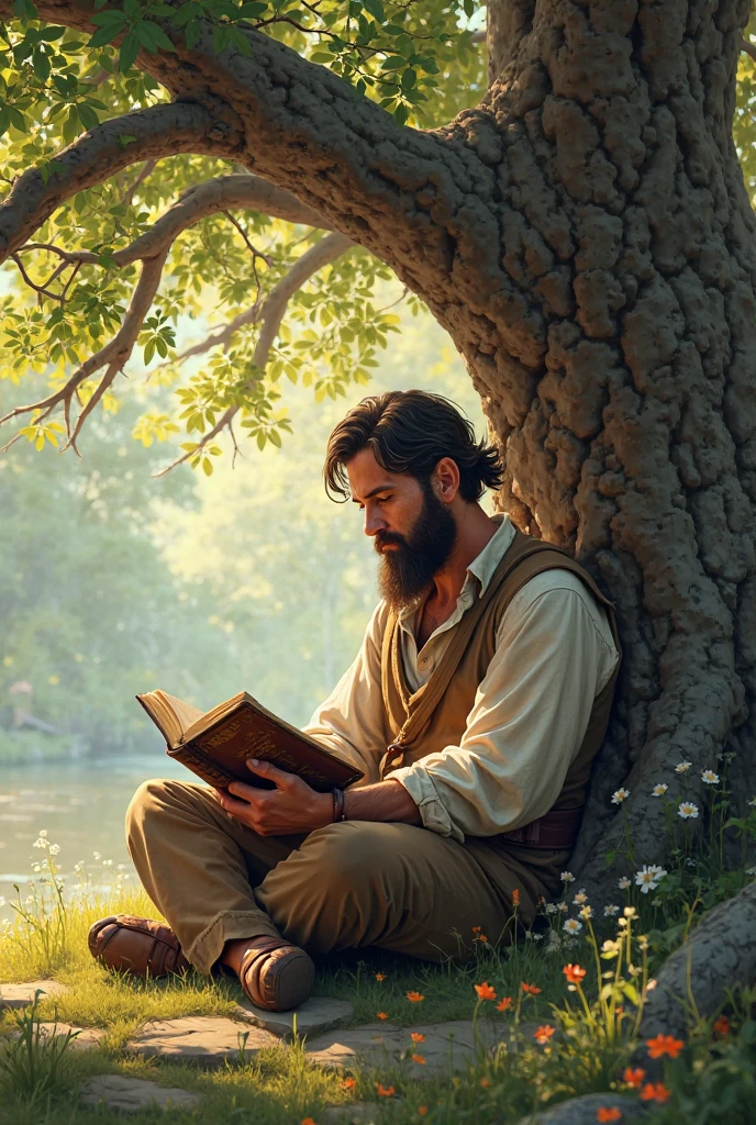 Bearded and brown-haired man reading the bible under a tree - SeaArt AI