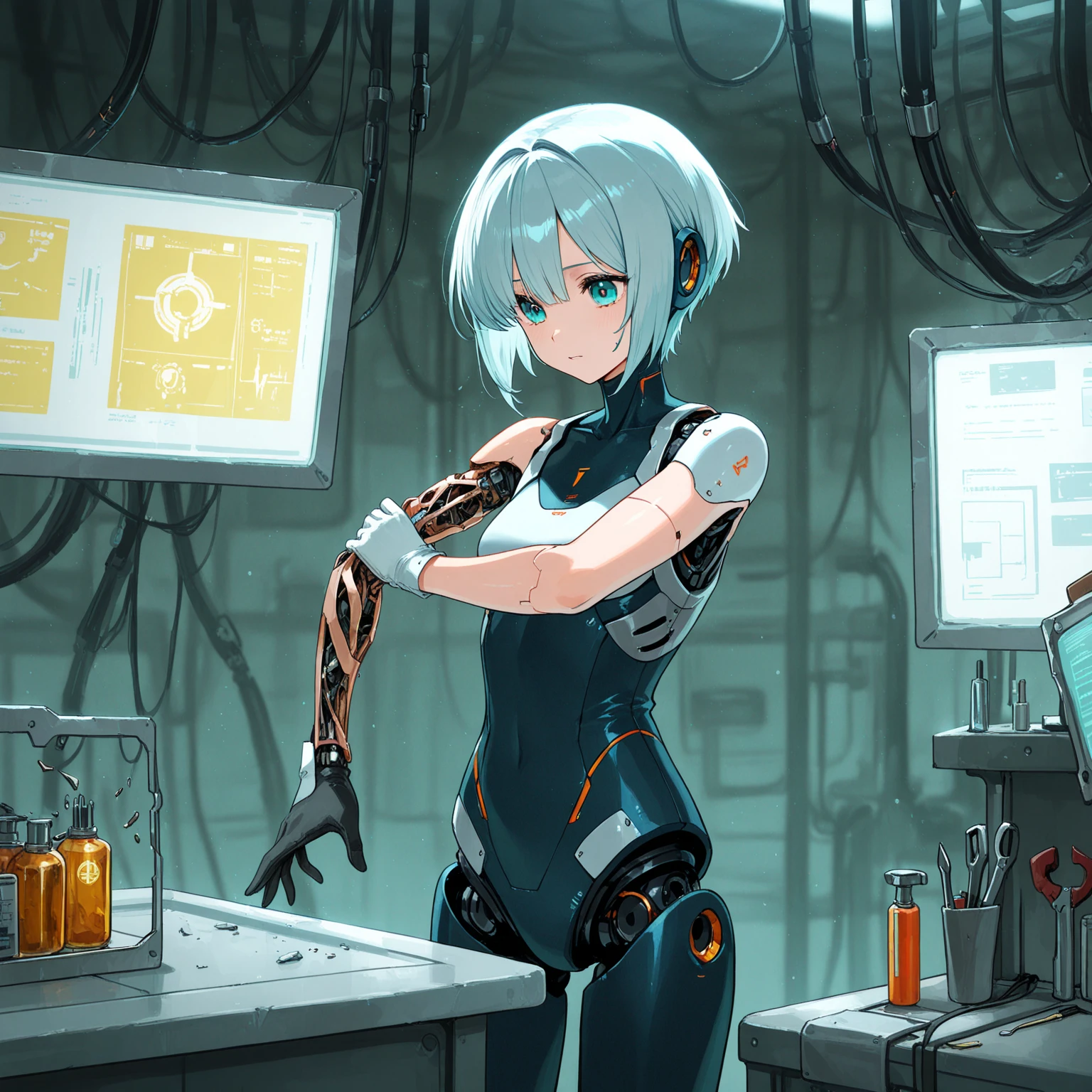 Android fixing a broken arm, Technological laboratory scenario - SeaArt AI