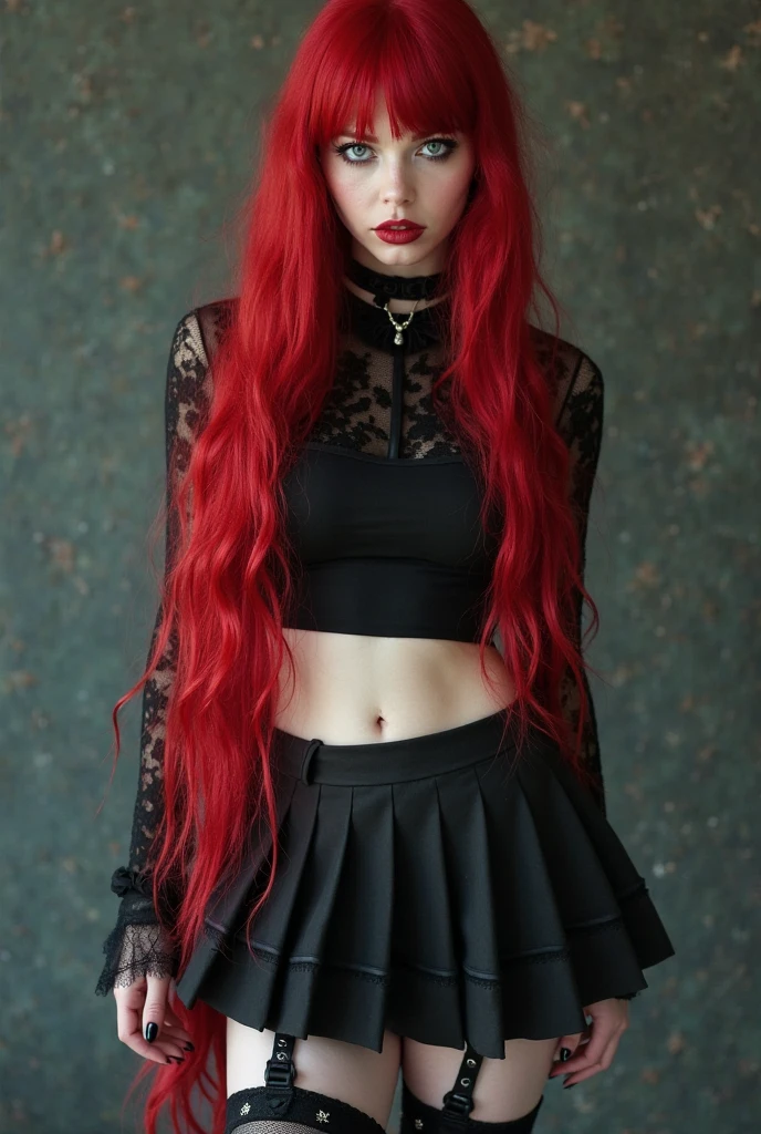 Gothic woman pale skin with very long bright dark crimson hair and ...