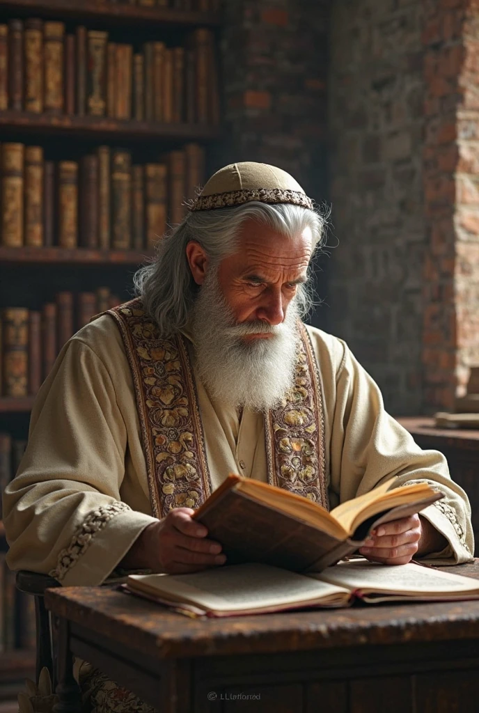 A hebrew priest sitting in a library, while reading a book . - SeaArt AI