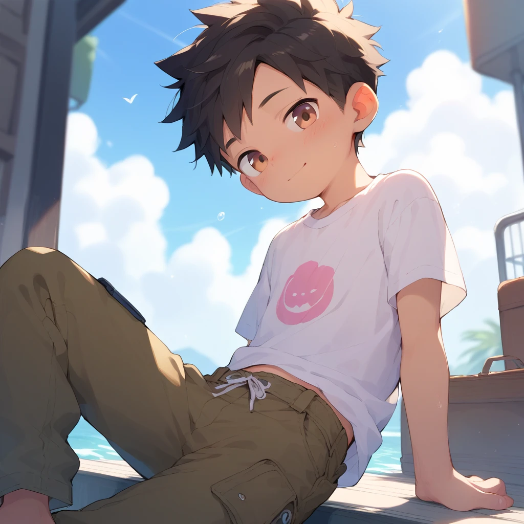Anime style, 1boy, solo, shota only, male, cute, black hair color ...
