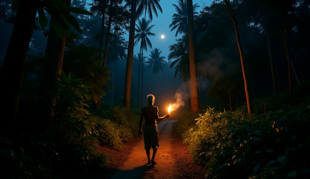 An extreme wide-angle night scene set deep in a dense forest in Kerala ...