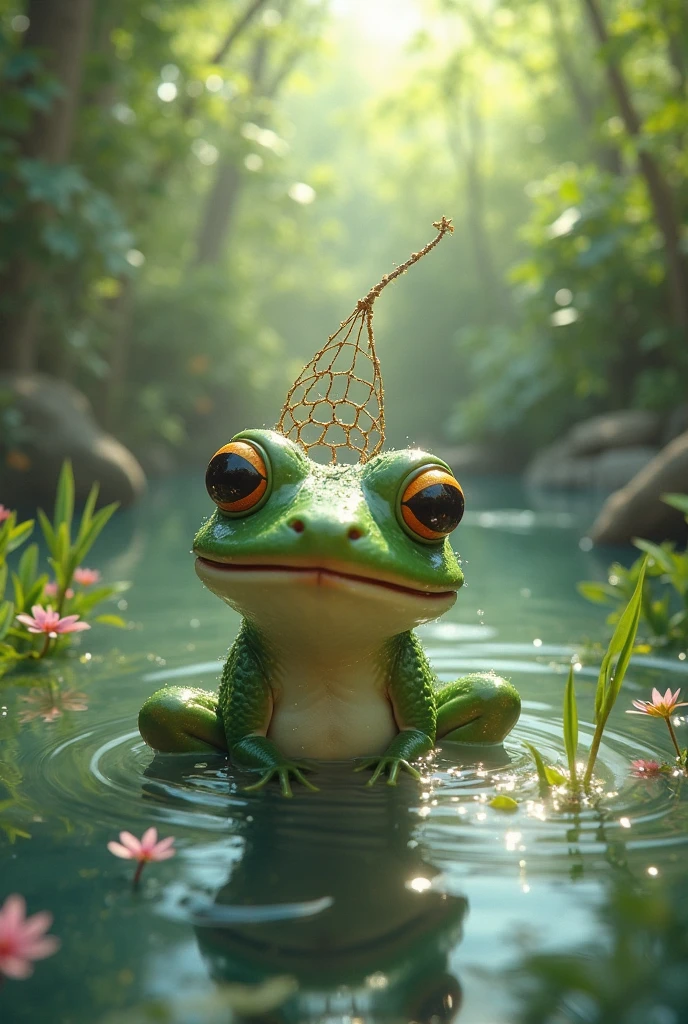 A little black frog bathing in a pool with a fishing net on its head ...