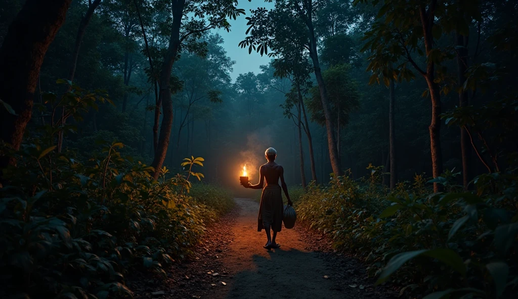 An extreme wide-angle night scene set deep in a dense forest in Kerala ...