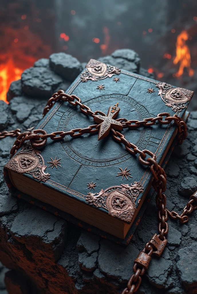 A dark and apocalyptic scene, where on an altar of infernal stone ...