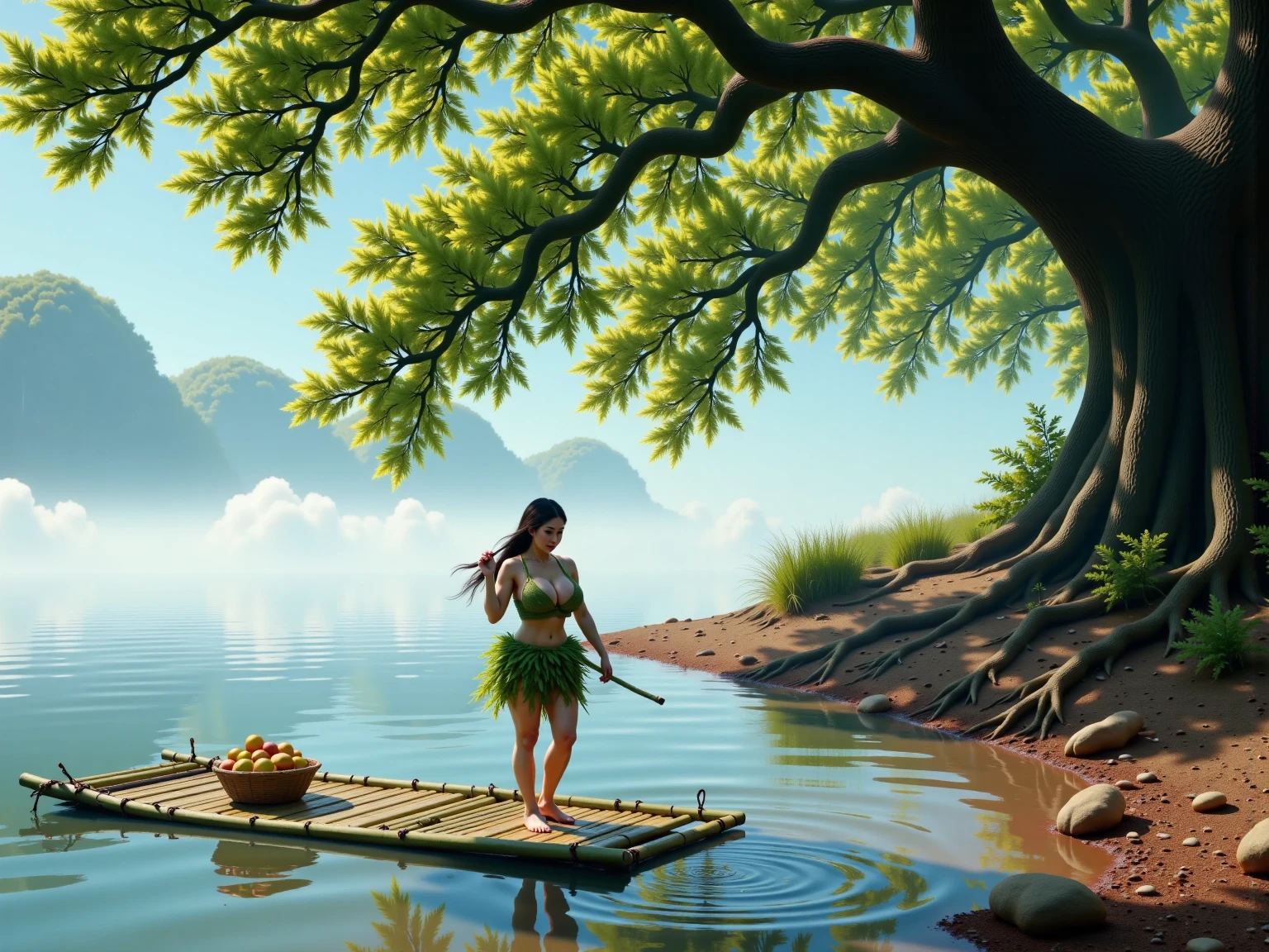 (16K Realistic light and soft shade, small lagoon secluded with ravine ...
