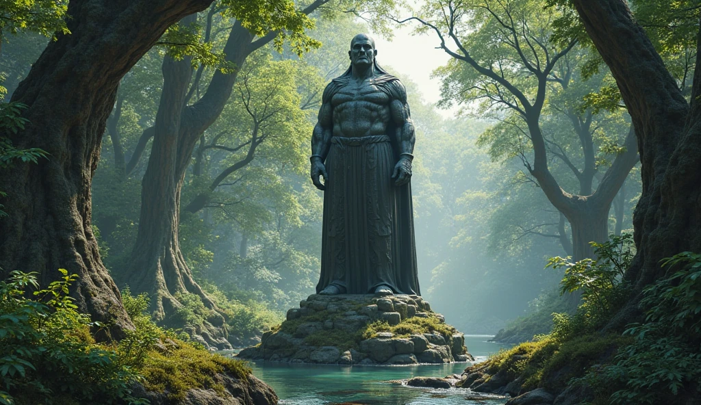 Stoic dark gray statue in a forest with river - SeaArt AI