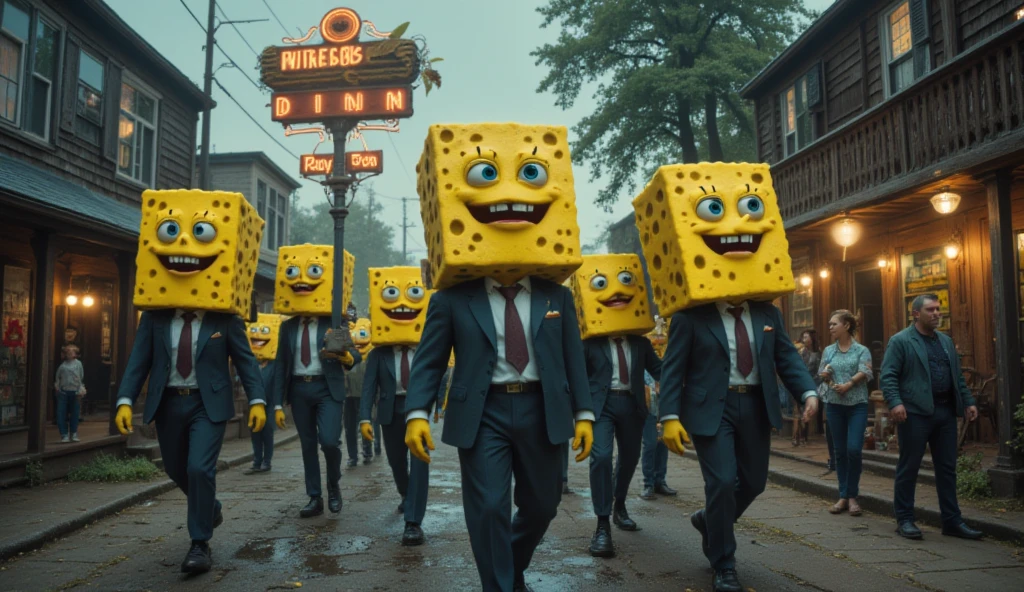 Multiple human-sized yellow square sponge creatures with visible holes ...