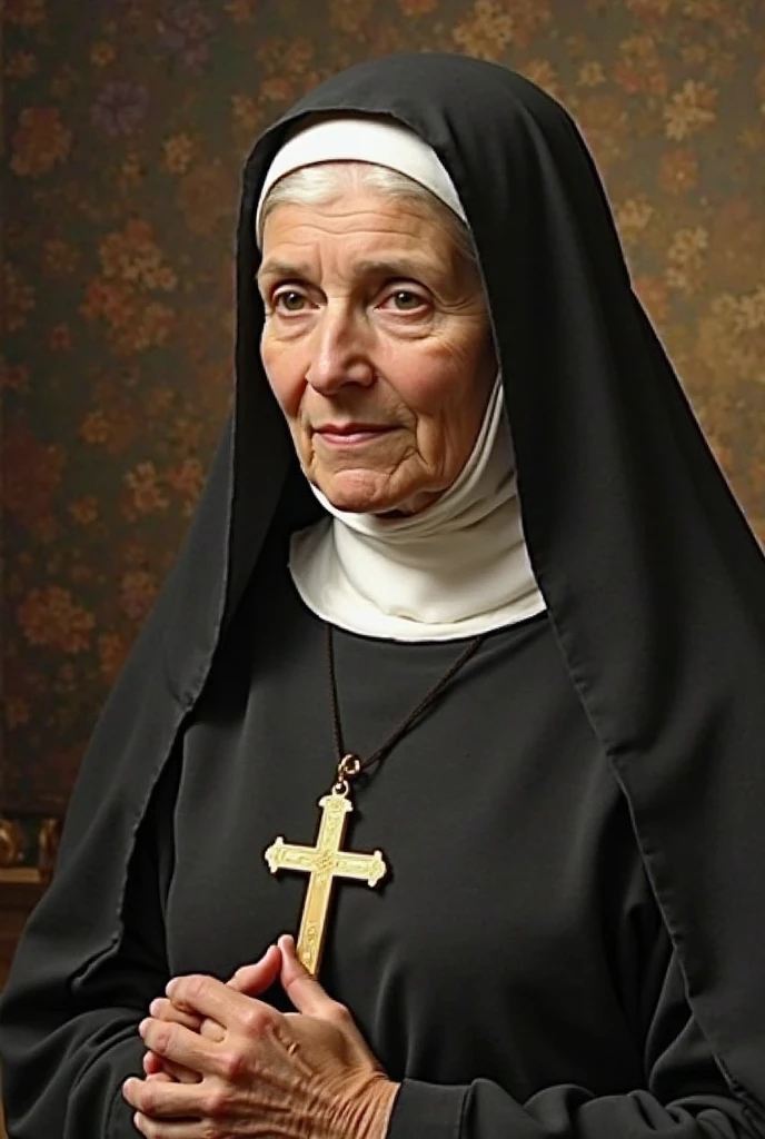 Make me an image of Mother Clara of the heart of Mary who has a cross ...