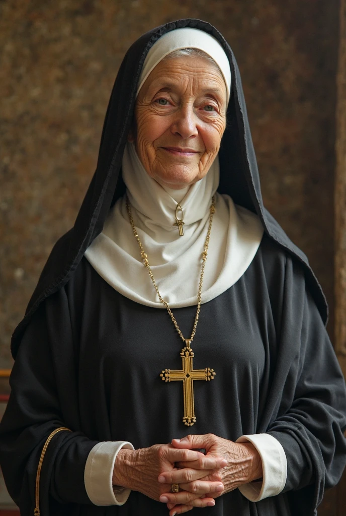 Make me an image of Mother Clara of the heart of Mary who has a cross ...