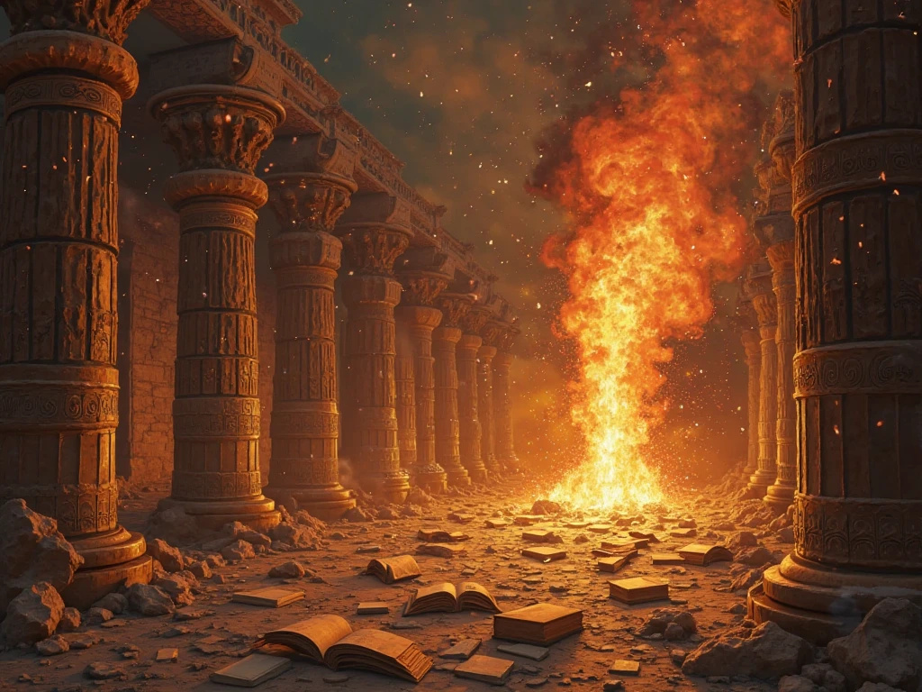 " a detailed illustration of the Library of Alexandria burning - SeaArt AI
