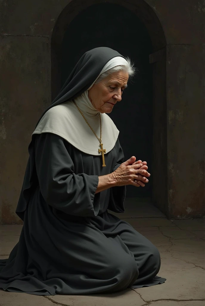Make the image of an FIC nun who is kneeling and praying, But only to ...