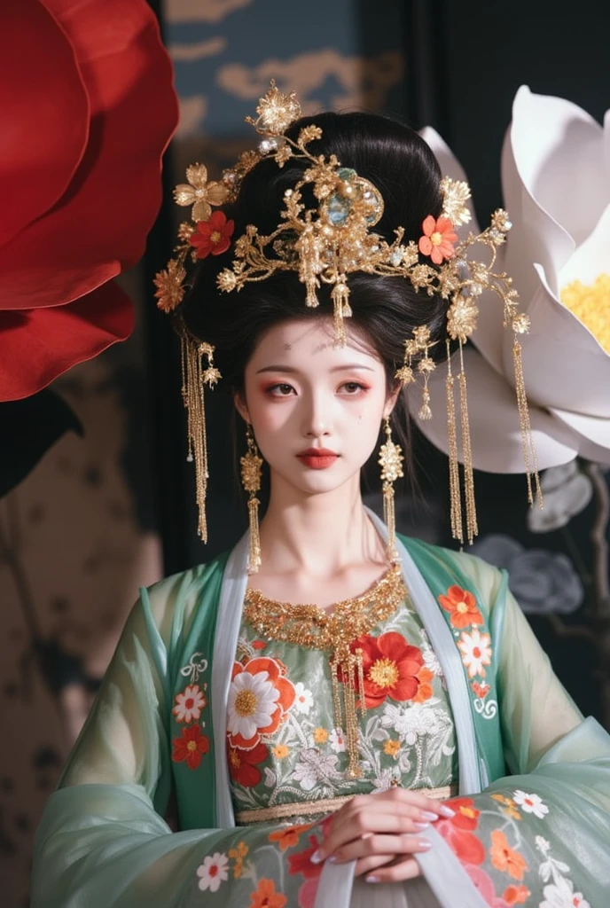 The image shows a woman dressed in stunning traditional Chinese attire ...