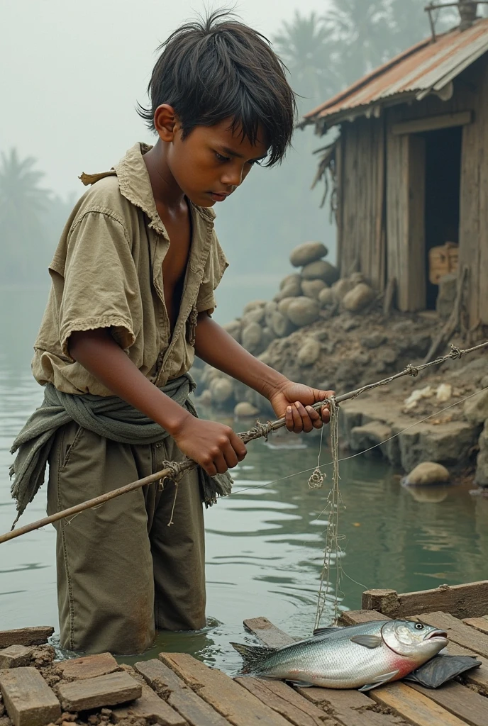 A poor boy is catching fish; his clothes are torn. - SeaArt AI