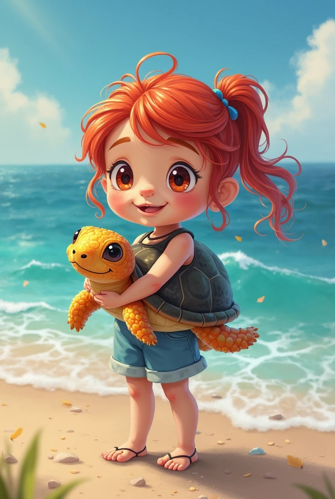 A s girl by the sea beach (red hair Carry a rainbow-hued puppy turtle ...
