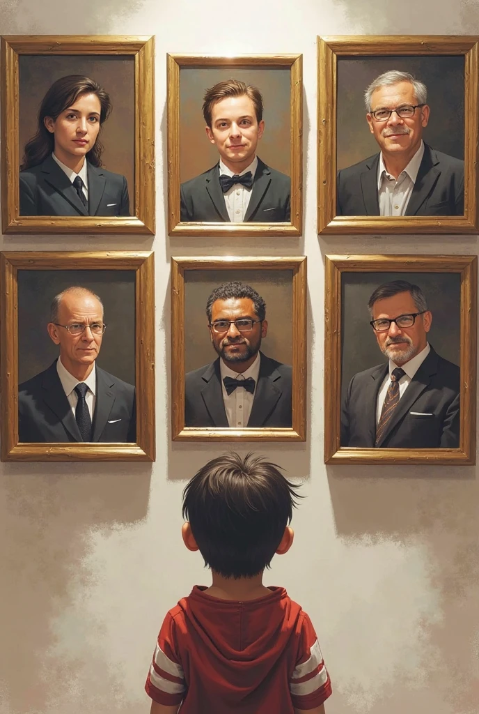 "A young person looking up at a wall of portraits of successful people ...