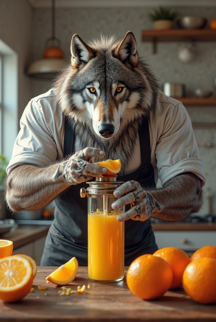 A powerful wolf chef with strong arms using a manual citrus press to ...
