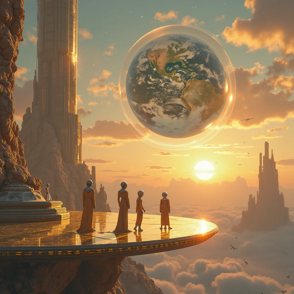 A golden circular platform emerging from a spaceship and on the ...