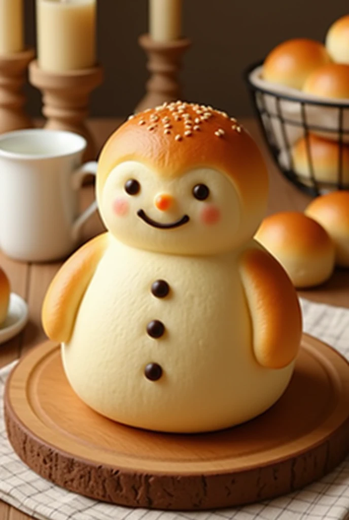 A photo，shows a lovely loaf，shaped like a snowman，with a golden brown ...