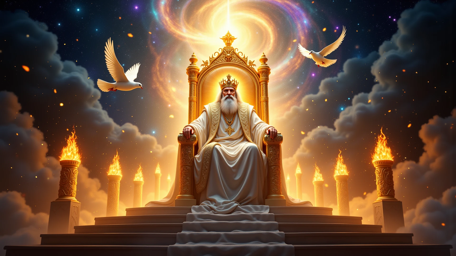 Celestial throne scene with a divine king seated on a golden throne ...