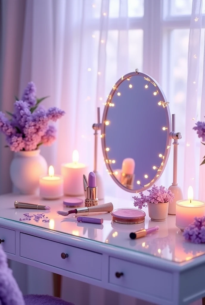 A pastel lavender-themed vanity with white furnishings, soft glowing ...
