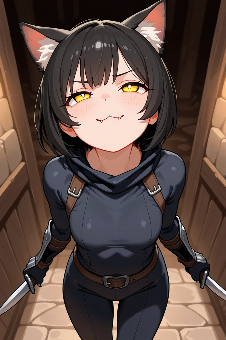 1girl, female, fantasy ,dark dungeon, blackhair, shorthair, black cat ...