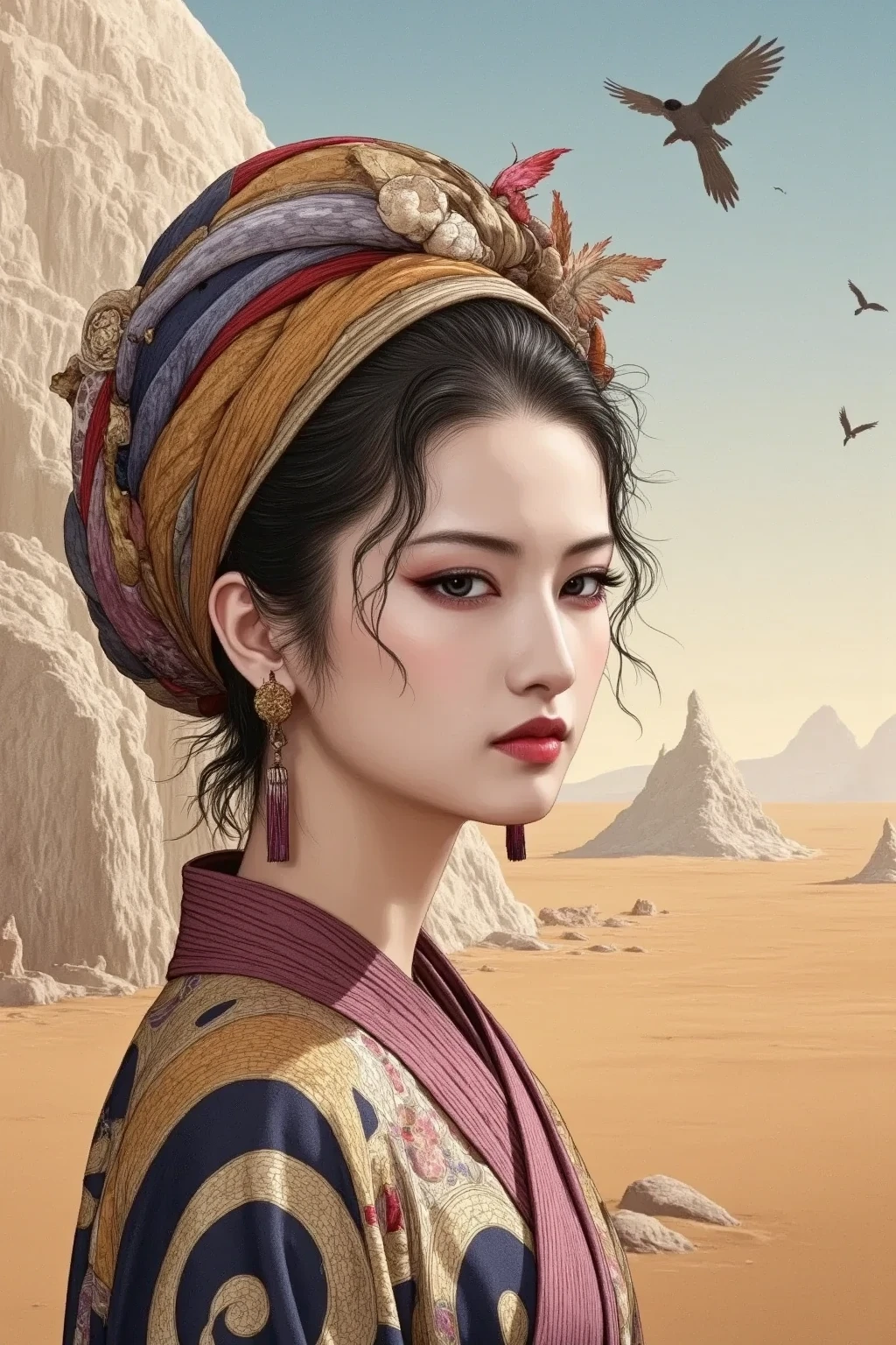 A woman in a kimono wearing a colorful turban wrapped around her head ...