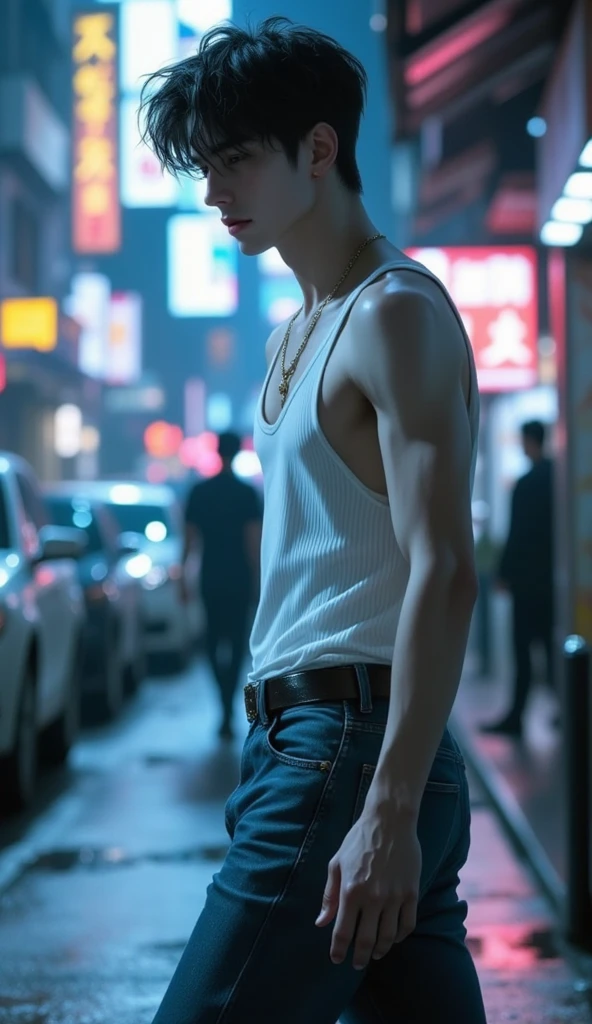 Side view of A handsome Korean male model with a lean and defined ...