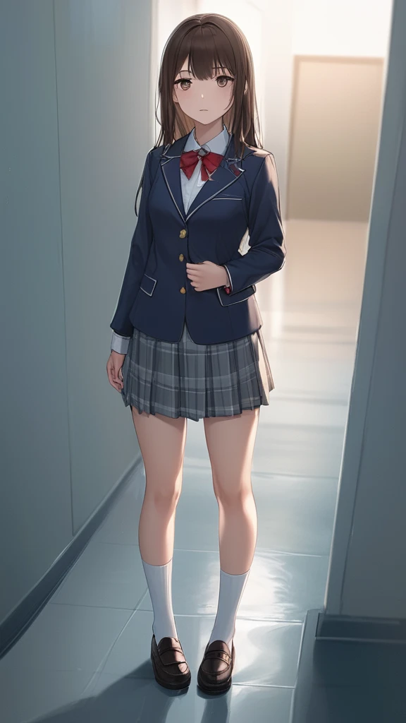 A full-body anime-style illustration of a high school girl in a modern ...