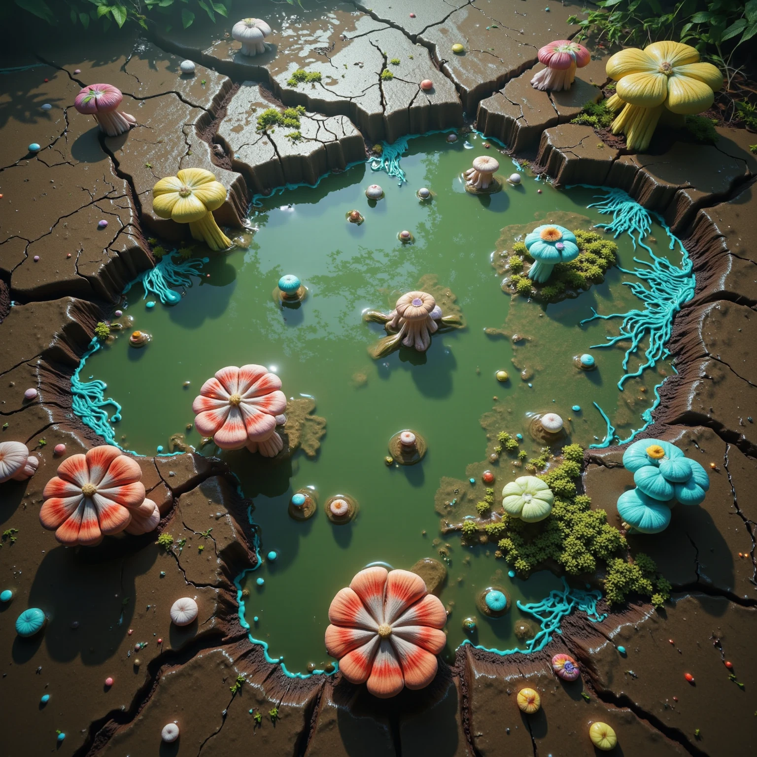 Realistic 8K perfectly flat terrain, extreme top-down angle, aged and ...