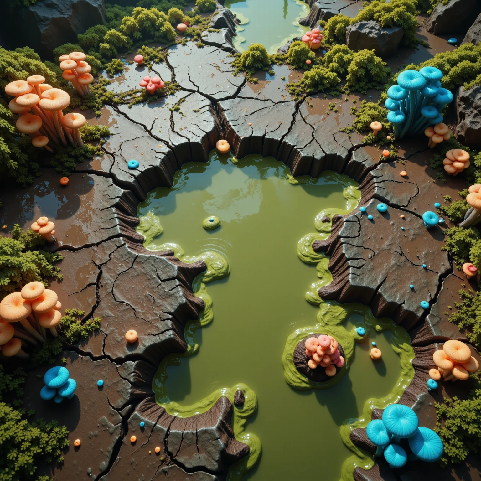 Realistic 8K perfectly flat terrain, extreme top-down angle, aged and ...